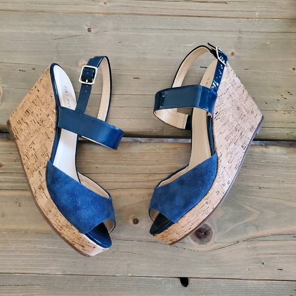 Talbots | Shoes | Talbots Blue Leather Suede Peep Toe 4 Wedge Heels ...